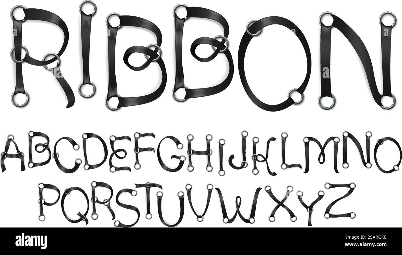 Black ribbon through eyelets font. Metal eyelet and stripe lettering ...