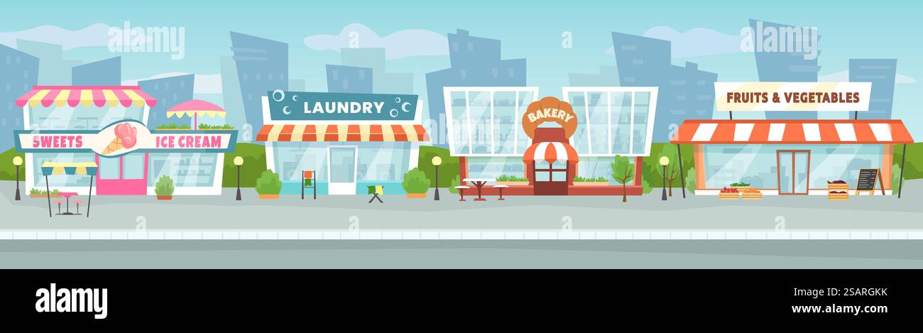 Street shops. Market street around town road, city downtown with local ...