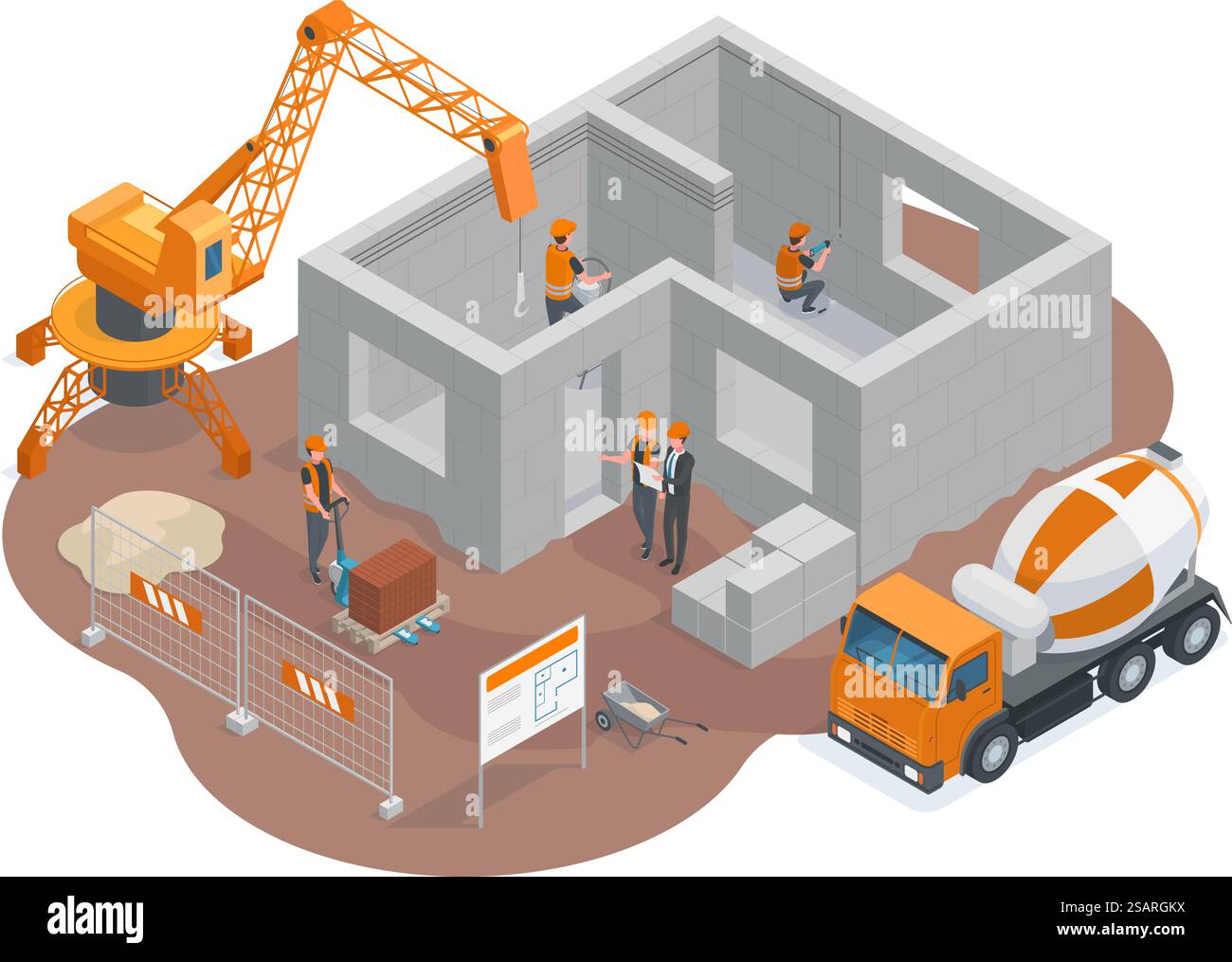 Isometric construction, building yard ground, workers and cranes trucks. Building construction ...