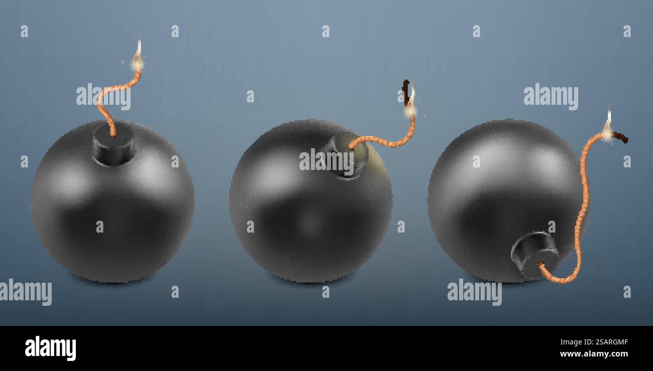 Realistic burning explosive bombs, 3d retro spheric bomb. Military ...