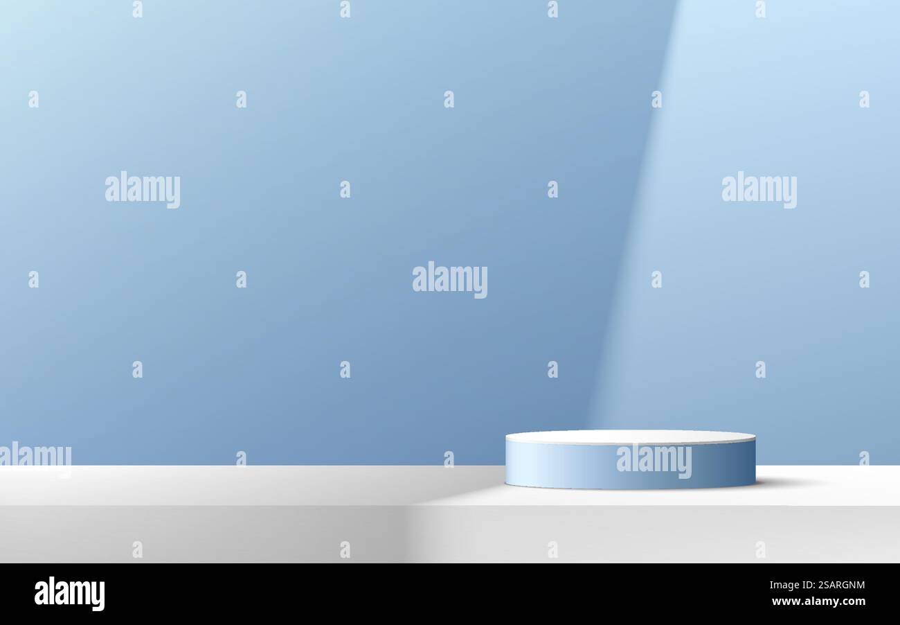 Abstract white and light blue cylinder platform podium. Window lighting ...