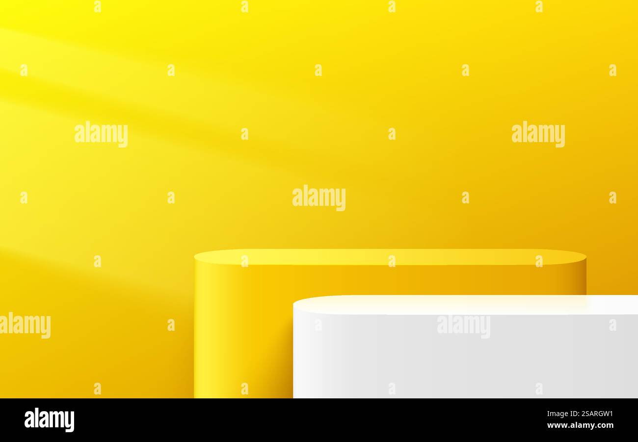 Abstract Yellow and white round corner cube platform podium. Window ...
