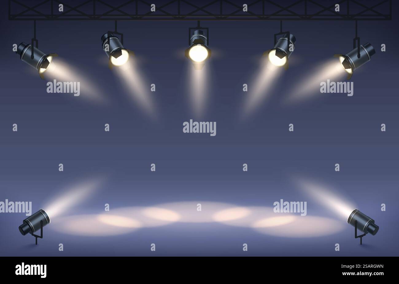 Scene with stage projectors. Studio podium with spotlights, shining ...