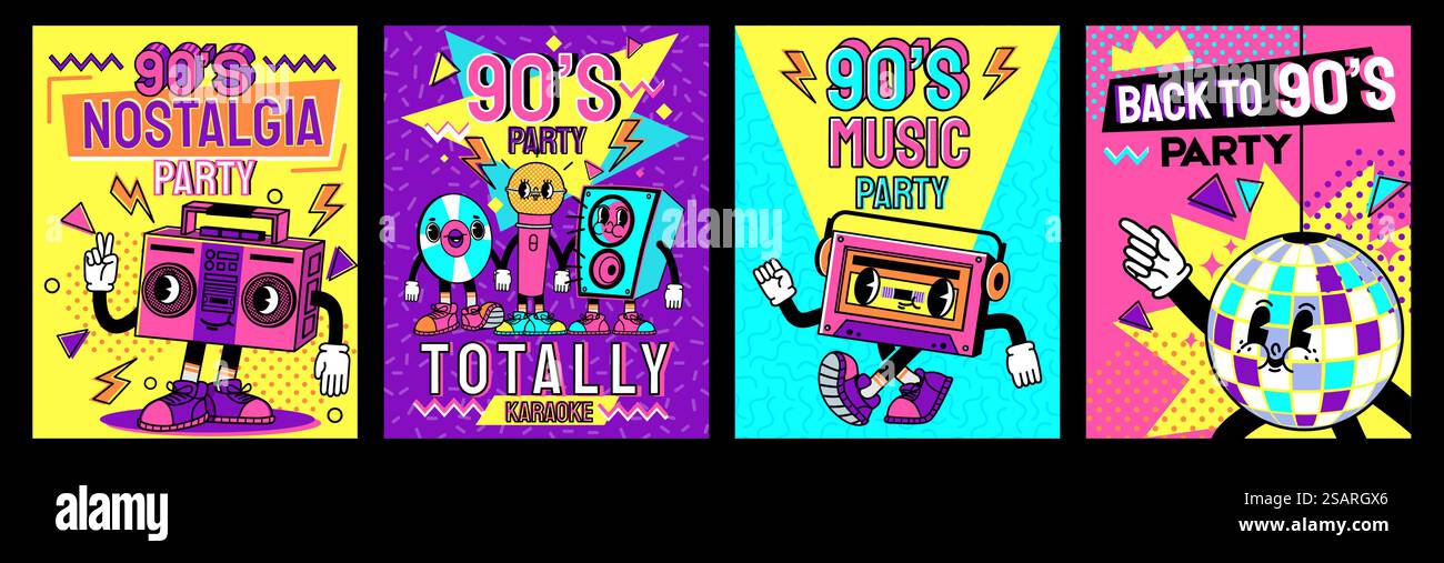 Retro party poster. Back to 90s, nostalgia music and karaoke flyer ...