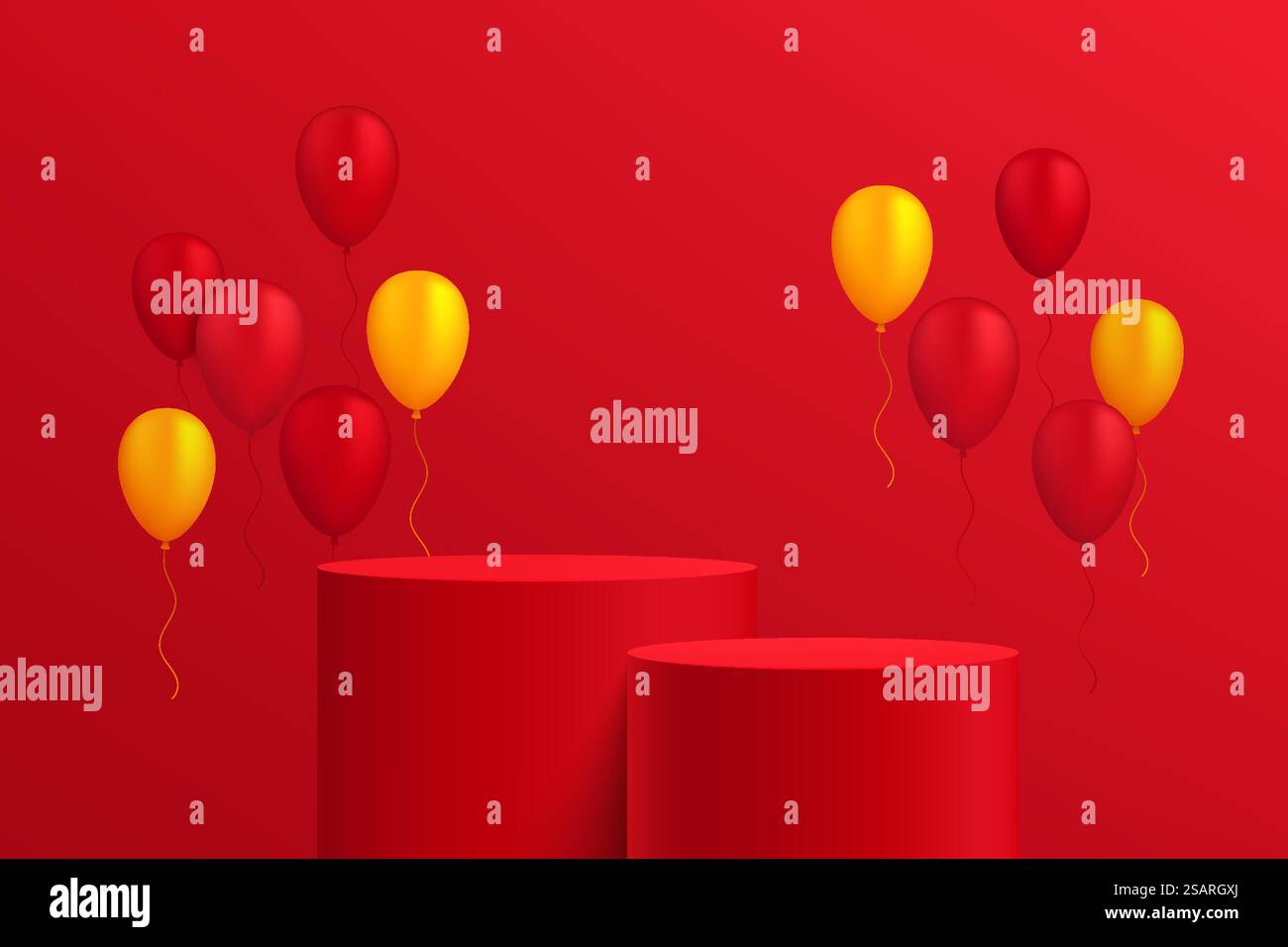 Abstract 3D red cylinder pedestal or stand podium with red and yellow ...