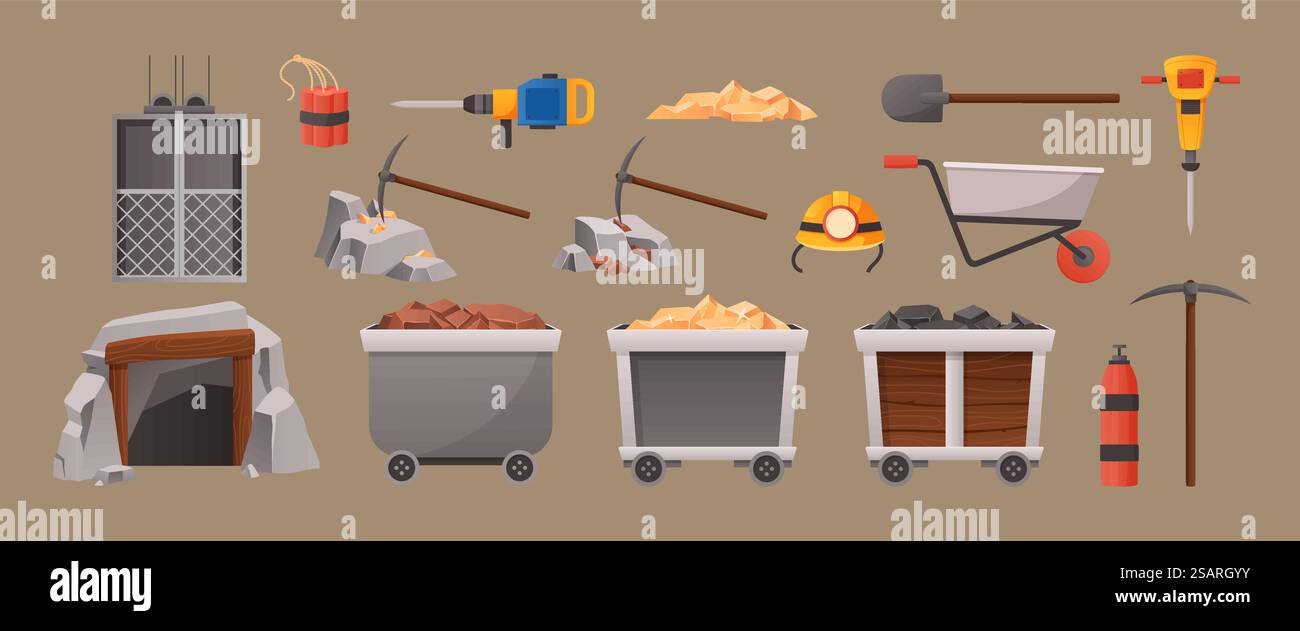 Cartoon mining elements. Mine cave entrance, mining elevator and tools ...