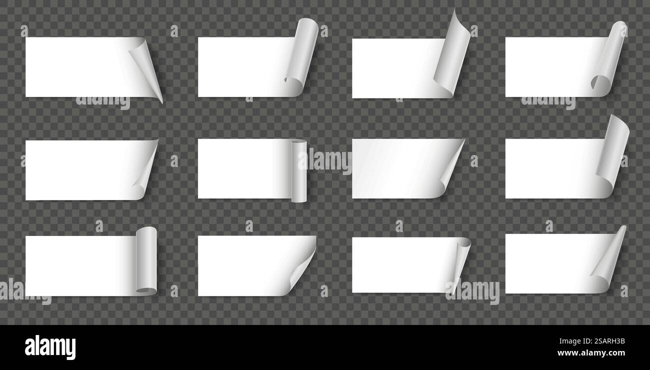 Paper stickers with curled corner. White tape with turned up bent ...