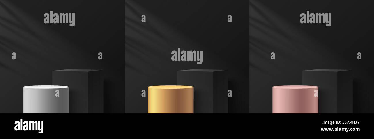 Set of silver, gold and pink gold and black realistic 3D geometric ...