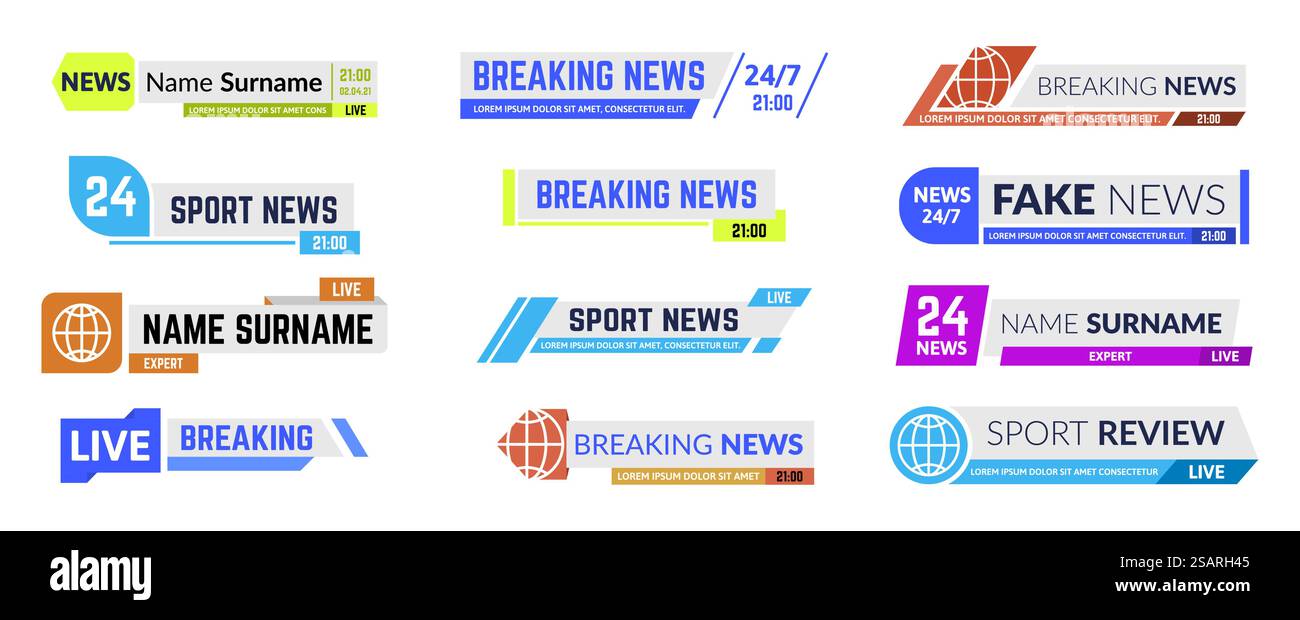 Television broadcast bar vector illustration set. Breaking news, sport ...