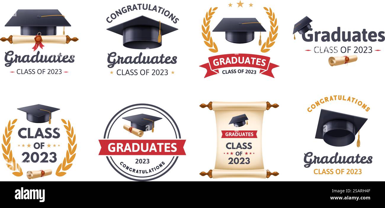 Graduation label. Class of 2023 congratulations graduates typography ...