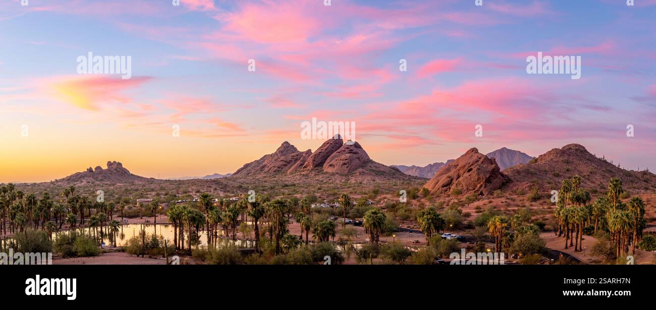 A stunning panoramic view of Papago Park during sunset, showcasing ...
