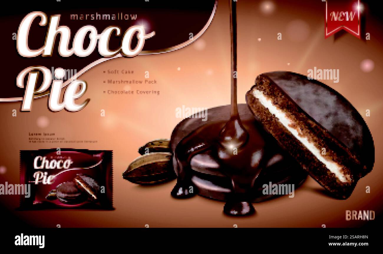 Choco pie ads with dripping chocolate syrup and foil package template ...