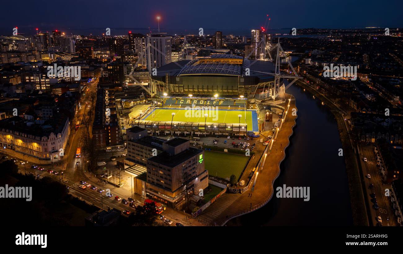 Aerial view of Cardiff City Centre at night, showcasing illuminated ...