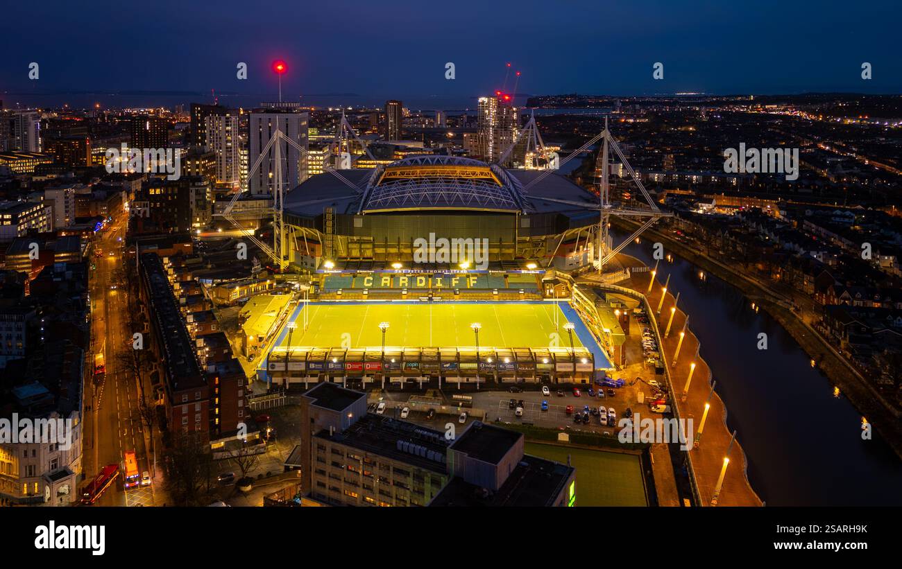 Aerial view of Cardiff city centre at night, featuring the illuminated ...