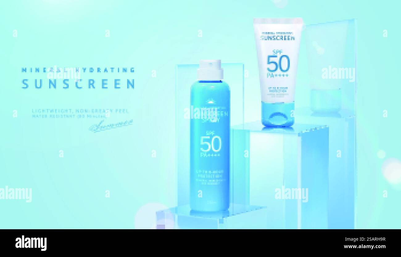 3d sunscreen mock-up on glass display stand decorated with crystal ...