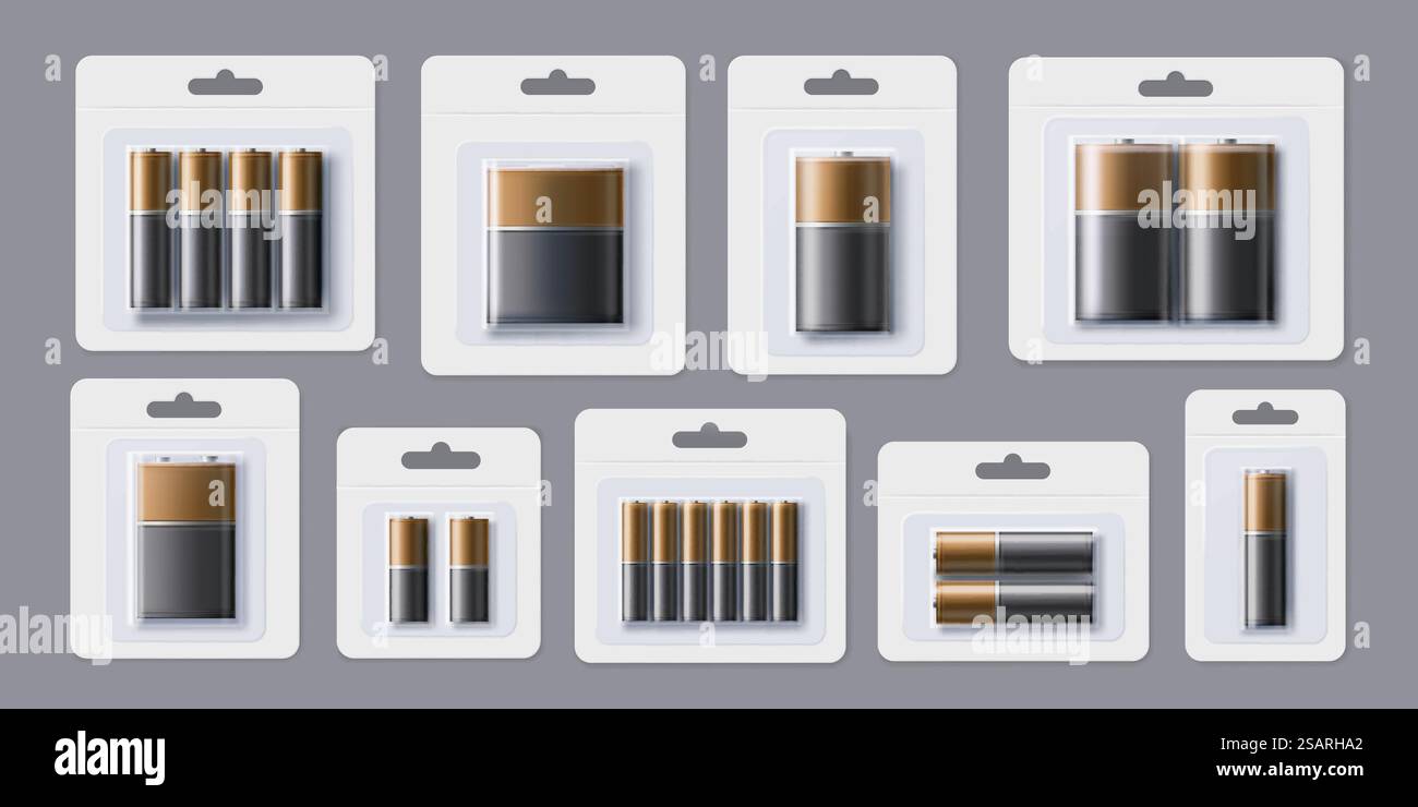 Electric batteries pack mockup. Realistic alkaline battery packages ...