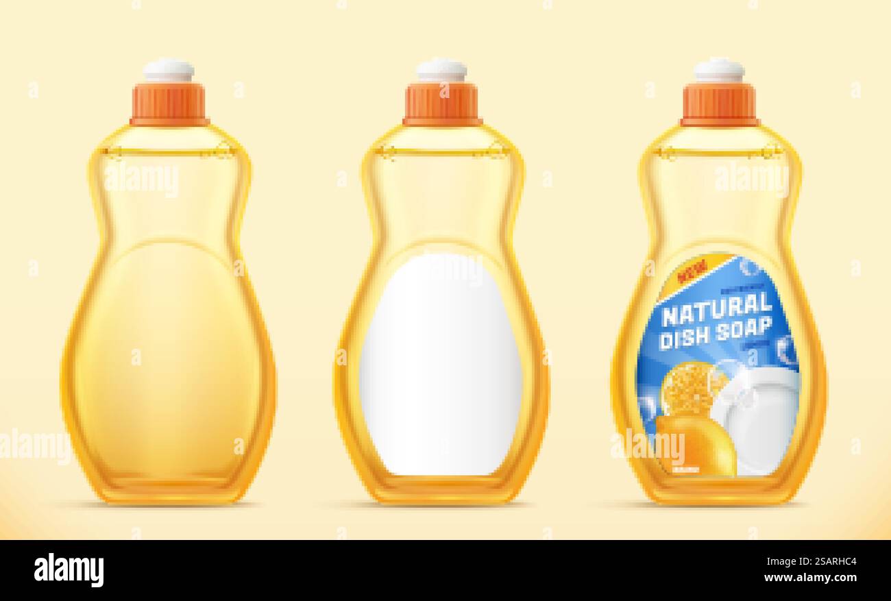 Bottle design for dishwashing liquid soap in 3d illustration, isolated on light yellow ...