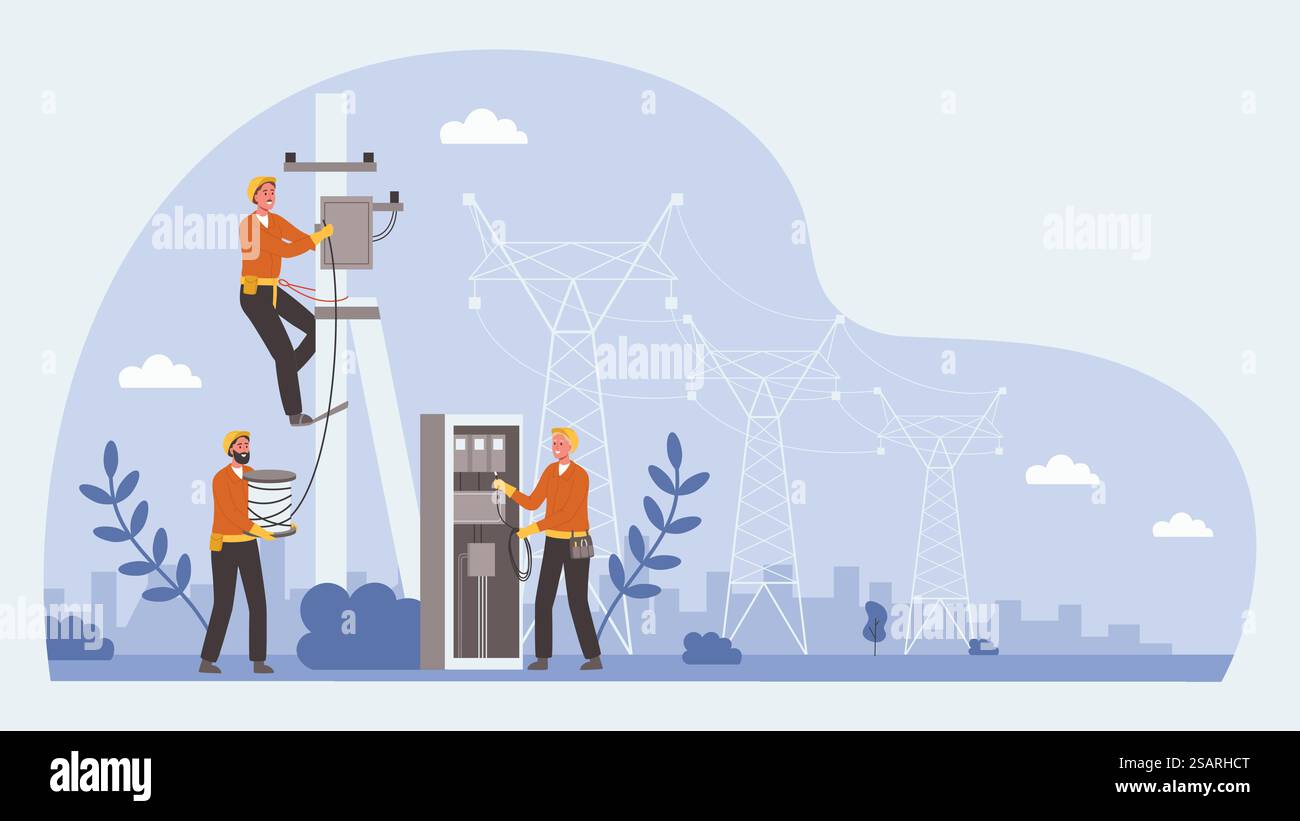 Electric workers team. Transformer service, electrical power lines ...
