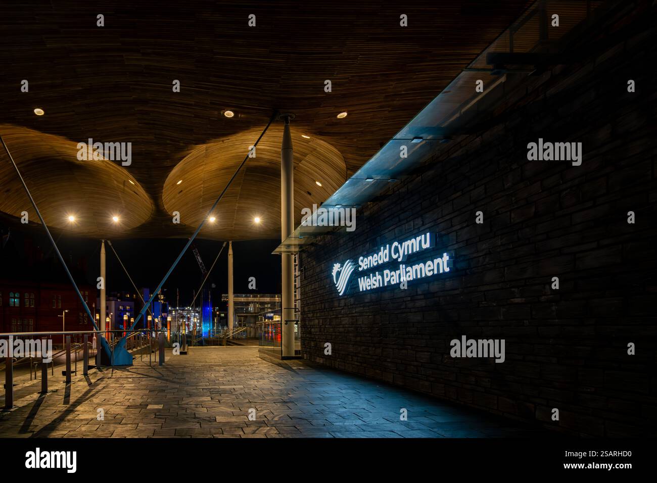 Night view of Senedd building with its modern architecture and ...