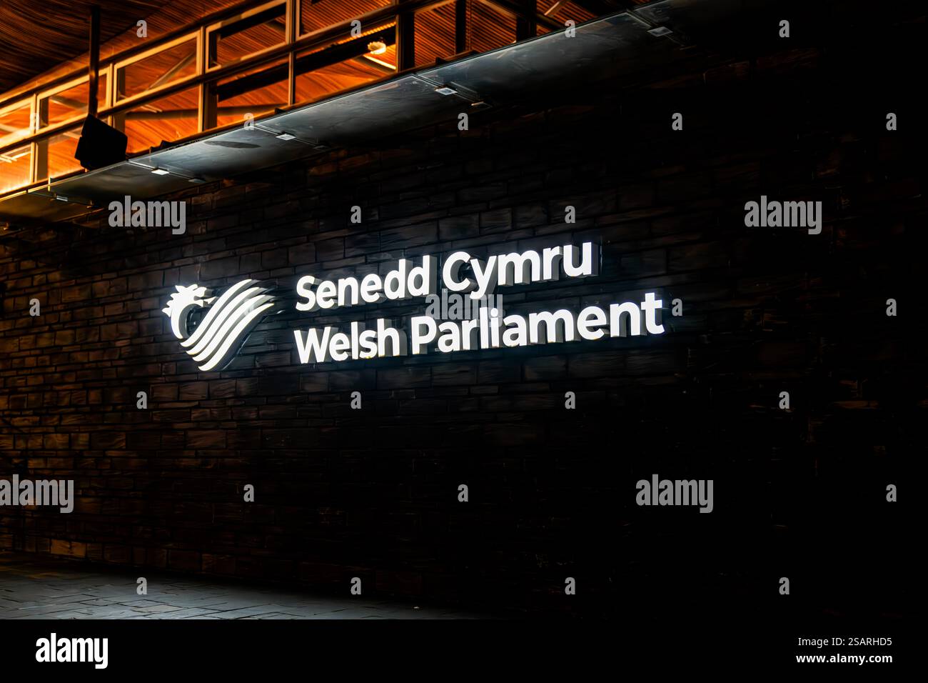 Illuminated Senedd Cymru Welsh Parliament sign on a building in Cardiff ...