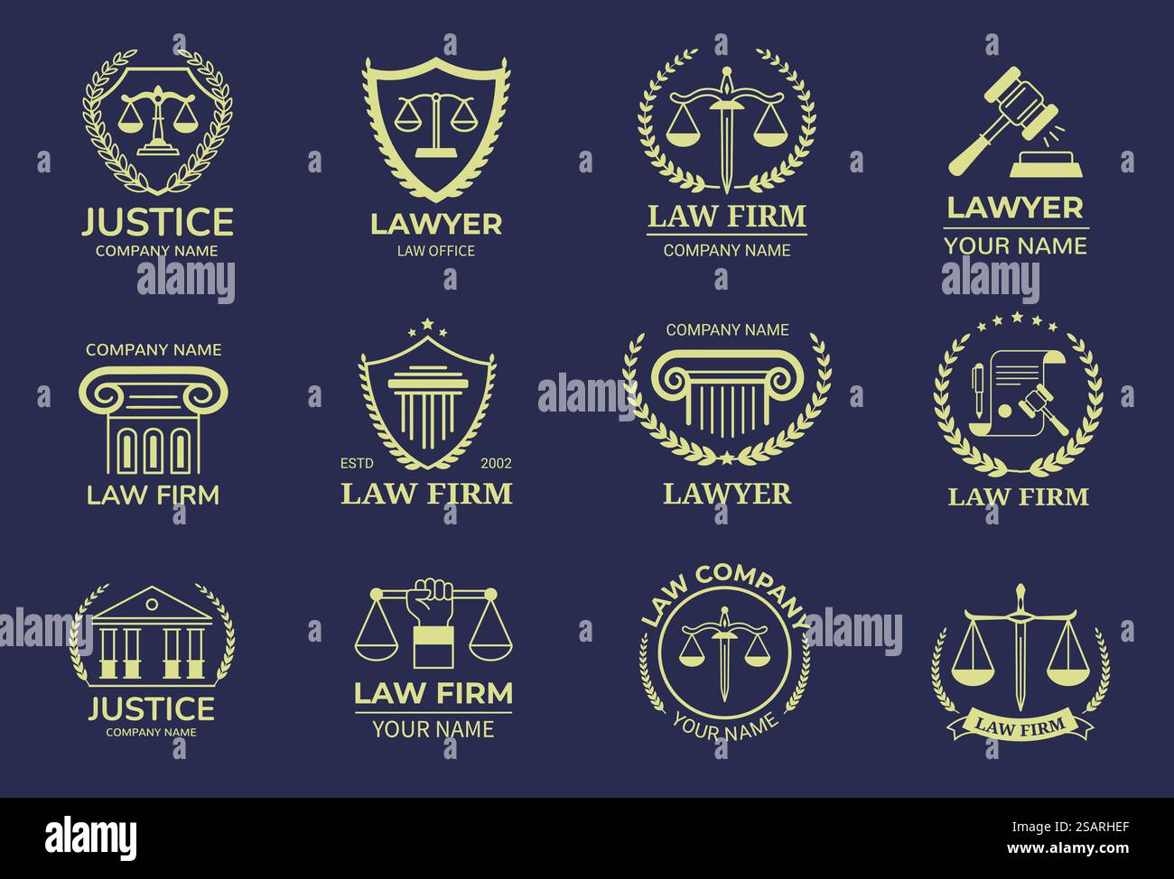 Law emblems. Lawyer badge template with scales of justice, judges gavel, court building and ...