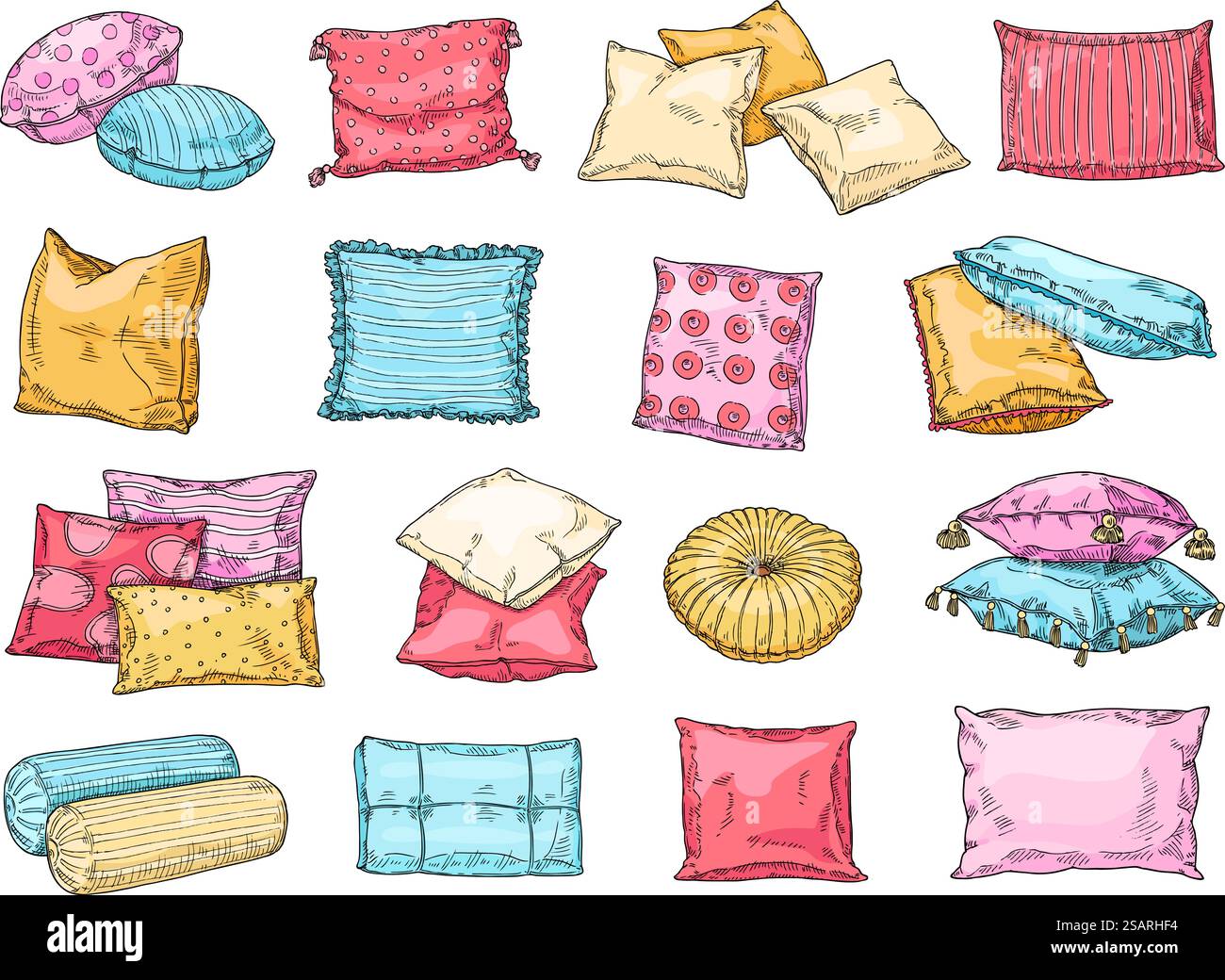 Hand drawn cozy cushions sketch bed pillows with textile patterns hi ...