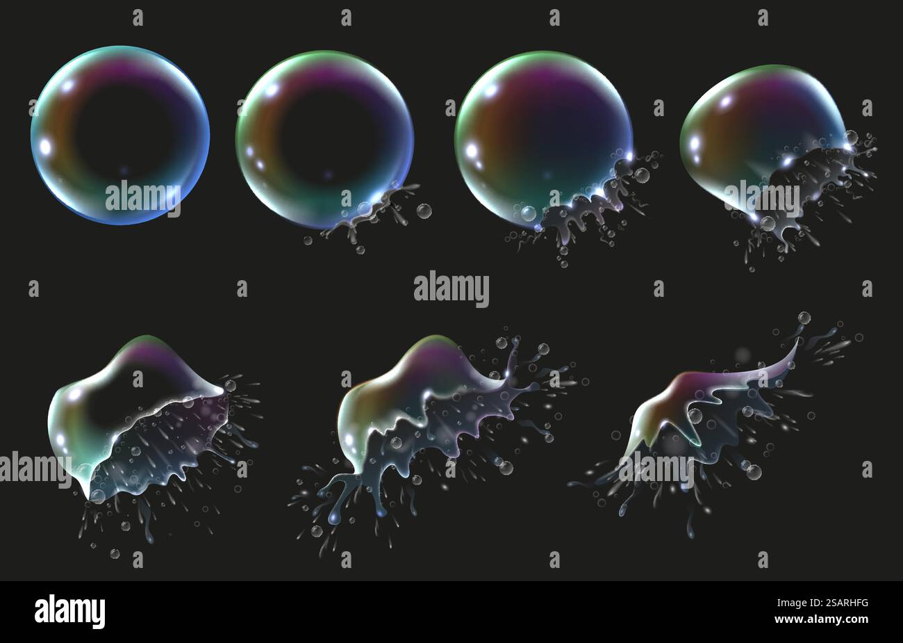Rainbow soap bubbles explosion animation. Bubble explodes into soapy splattering, iridescent ...