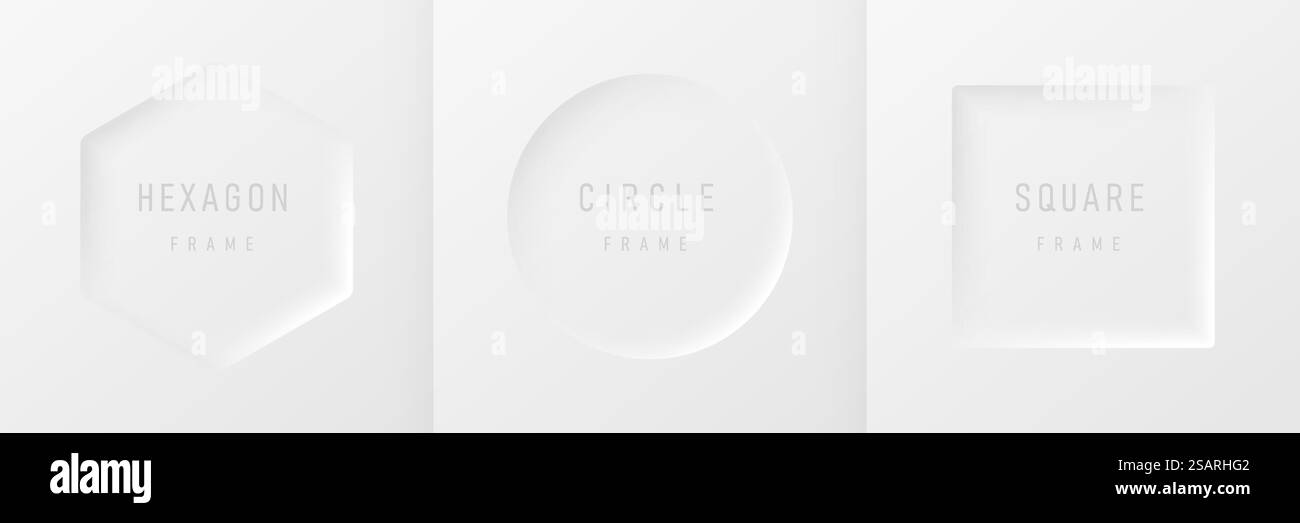 Set of realistic 3d geometric hexagon, circle and square frame on white ...
