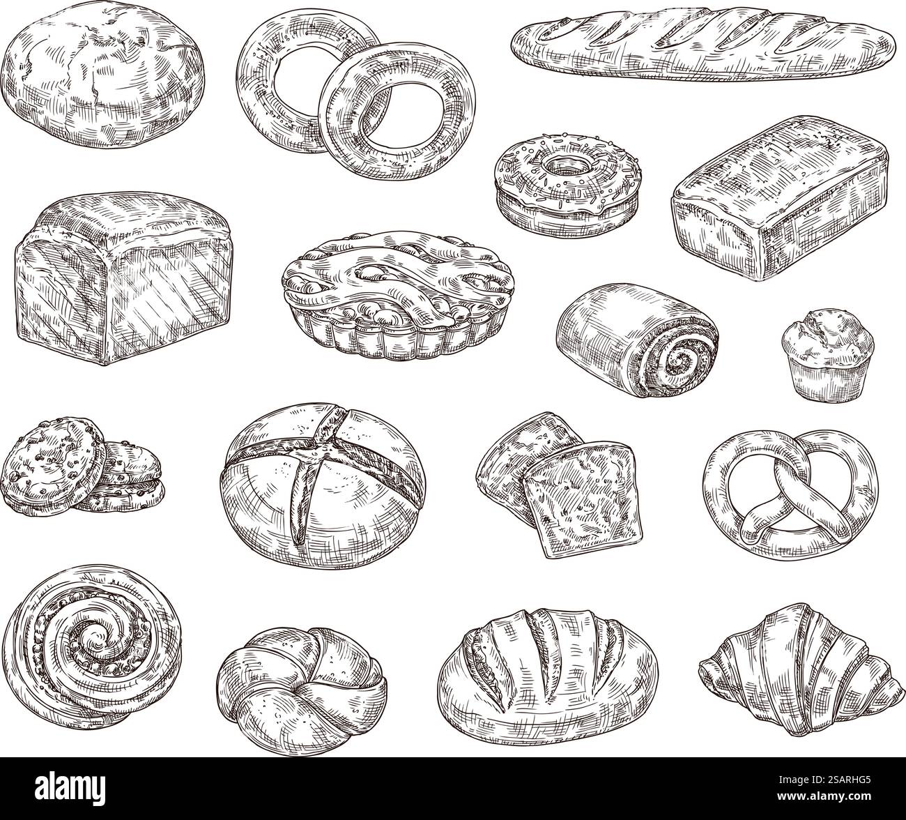 Sketch bakery food. Hand drawn bread, sweet pastry and desserts for ...