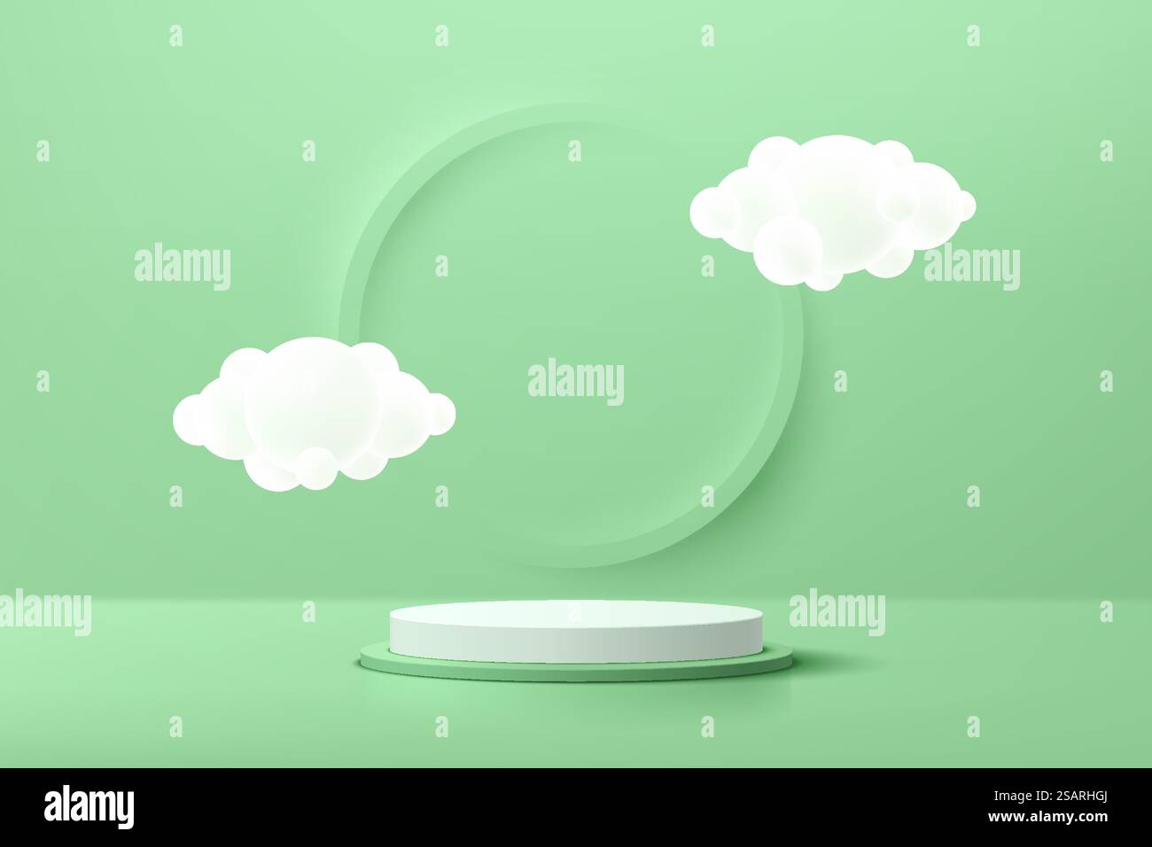Abstract white and green realistic 3D cylinder pedestal podium with ...
