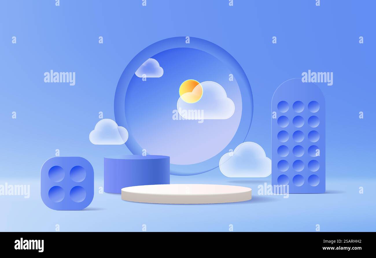 Abstract 3d light blue and white round corner pedestal podium with ...