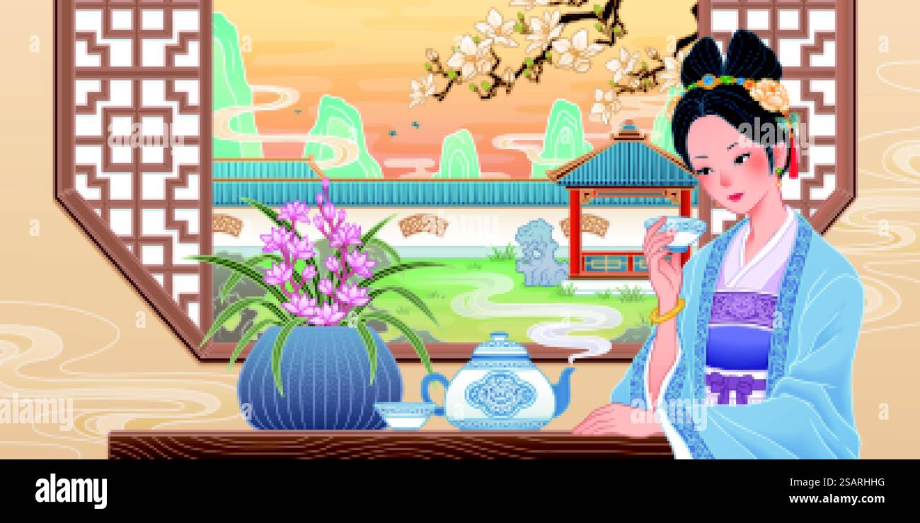 Enjoying cup of tea Stock Vector Images - Alamy