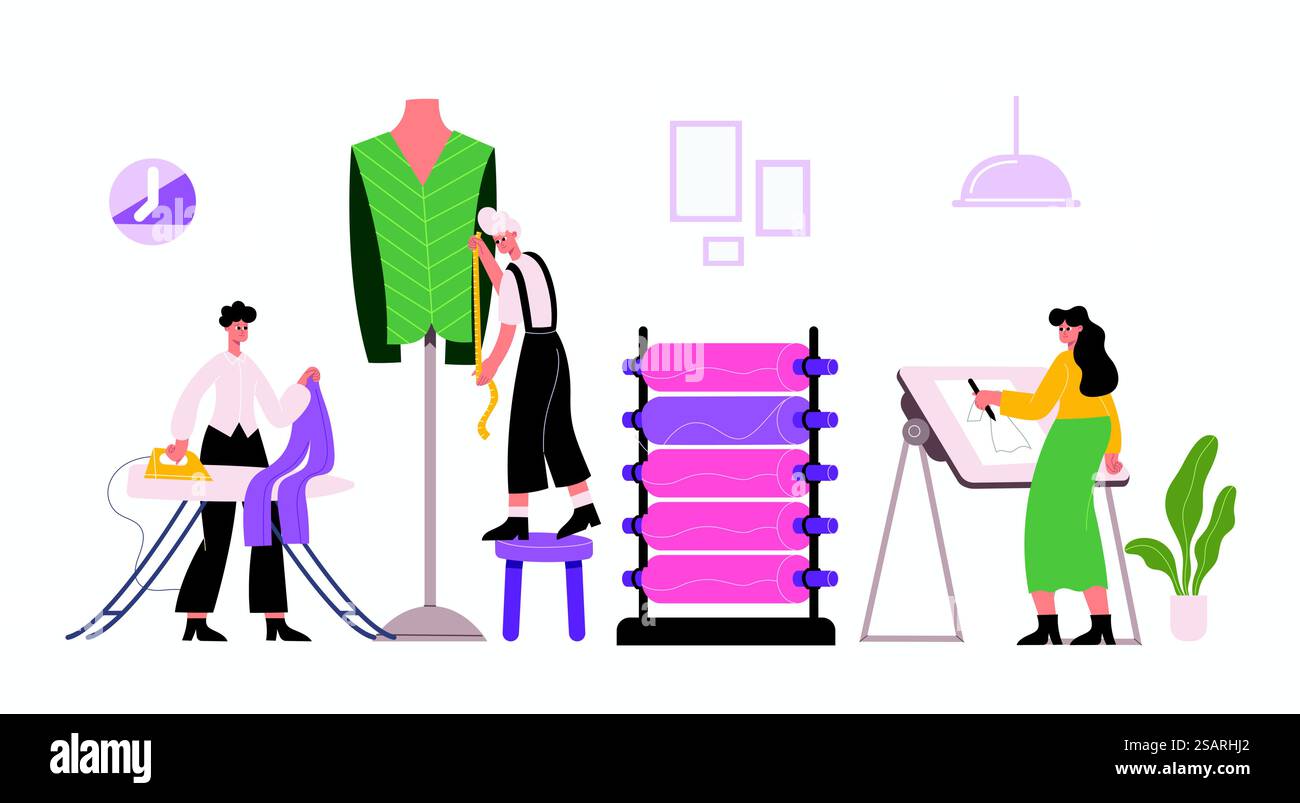 Fashion atelier workers, sewing, dressmaking workshop interior. Vector ...