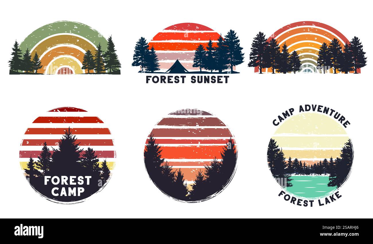 Sunrise camping and nature trees with grunge 80s hi-res stock ...