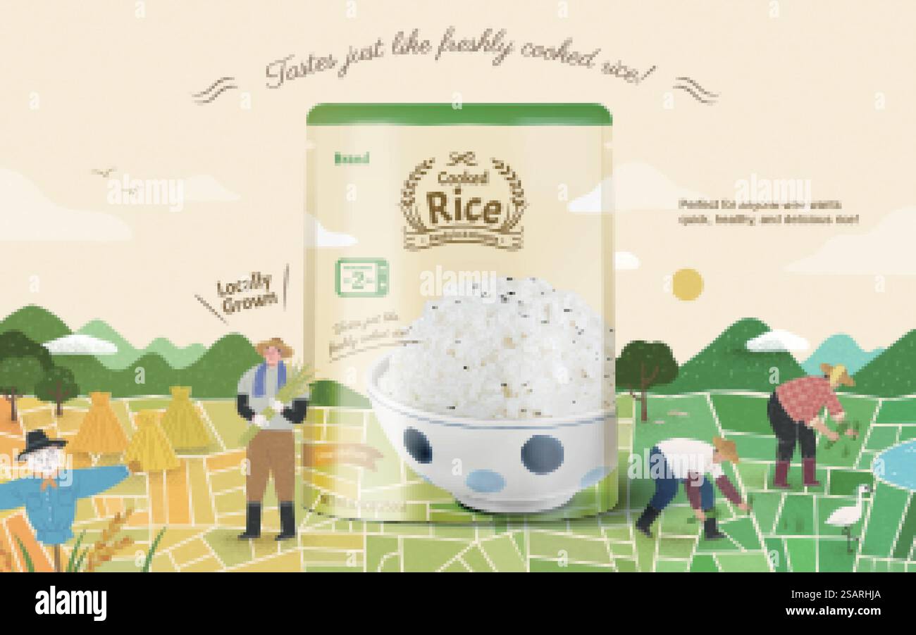 Cooked white rice ad template with hand drawn illustration of cute ...