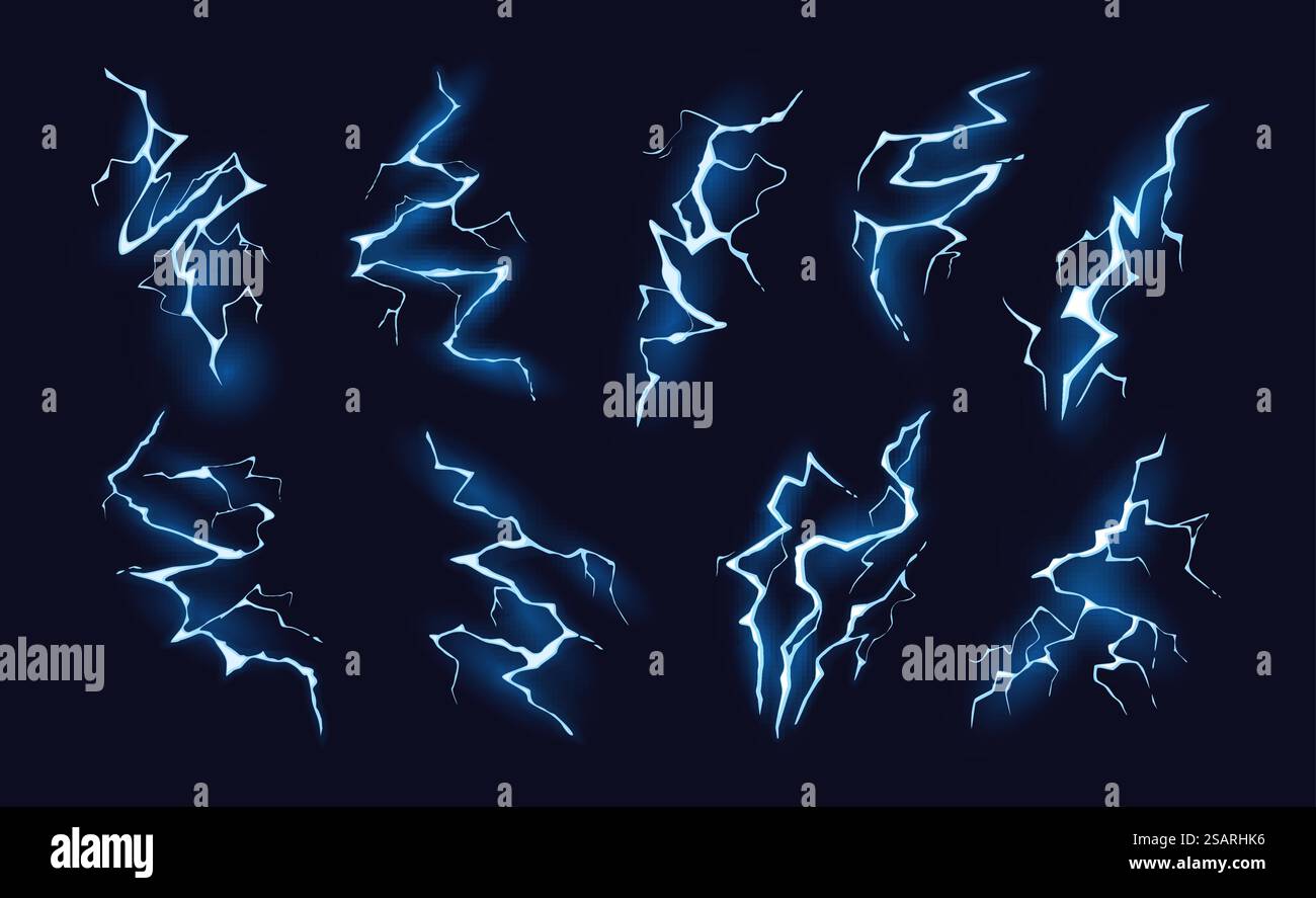 Cartoon lightning effect. Electricity discharge, bright thunderbolt hit ...