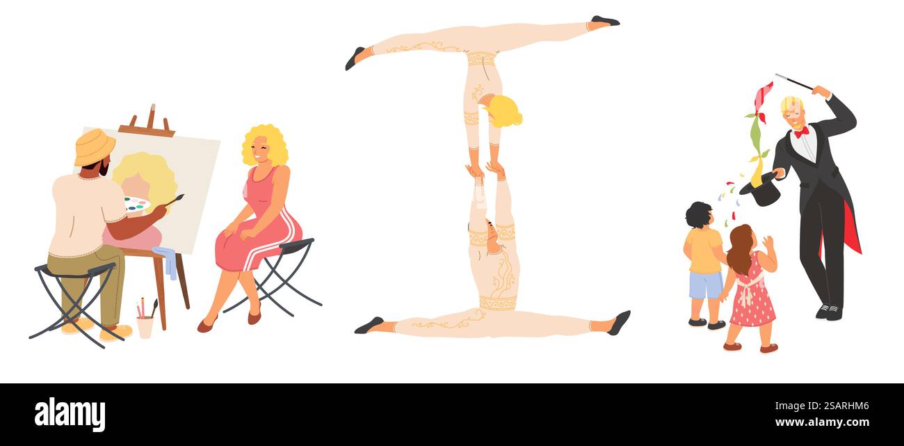 Couple acrobats performing gymnastics elements, illusionist showing ...