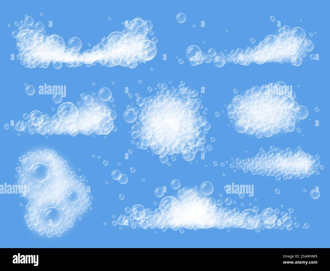 Realistic bath soap foam. Clean soapy froth bubbles, different shape ...
