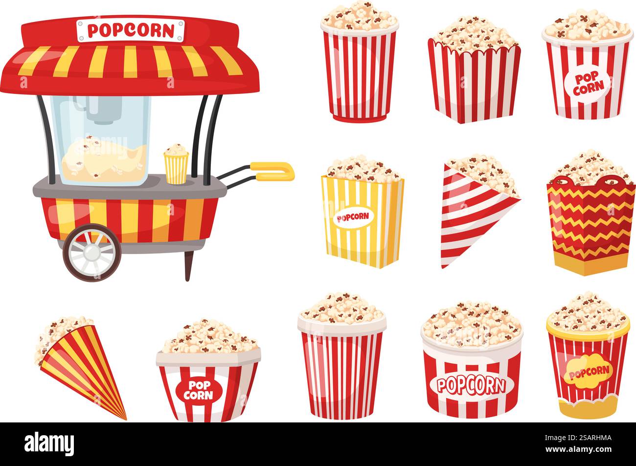 Cartoon popcorn machine and boxes. Movie food store popcorn stand with ...