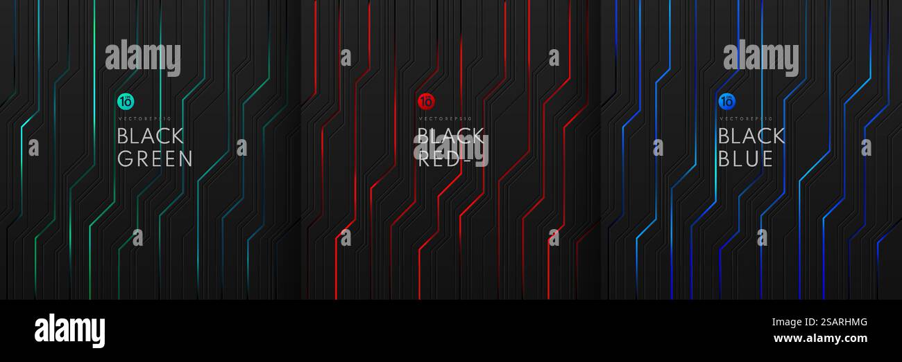 Set of dynamic green, blue and red light on black metallic cyber ...
