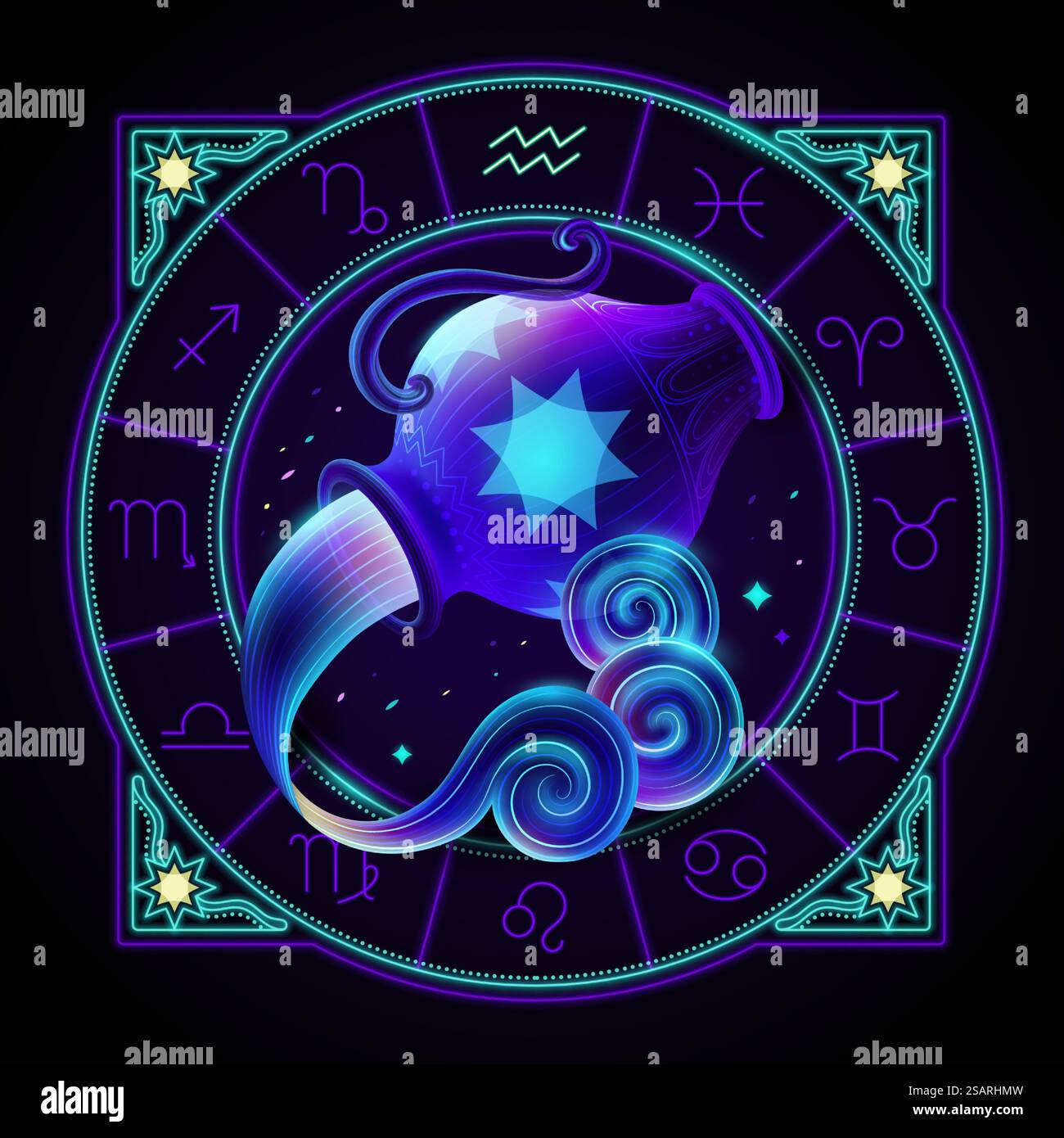 Aquarius zodiac sign represented by a large jar pouring water. Neon ...