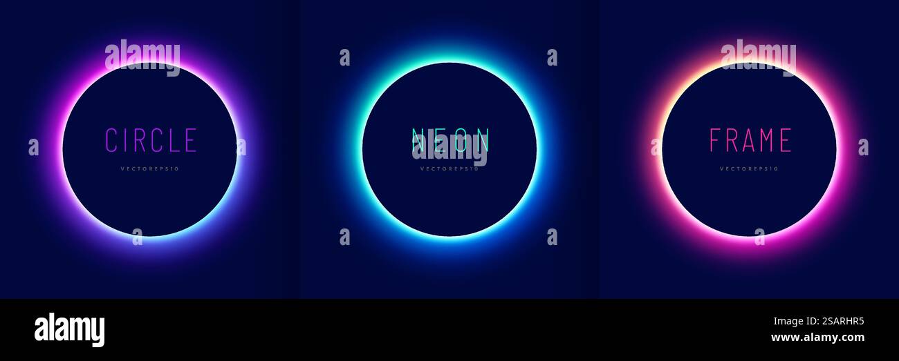 Set of blue, red-purple, green illuminate circle neon board frame ...