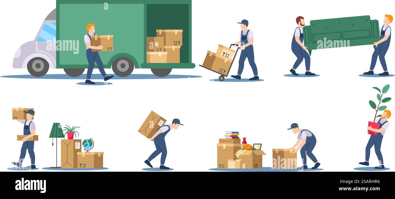Moving service. Delivery service workers loading boxes and sofa into ...