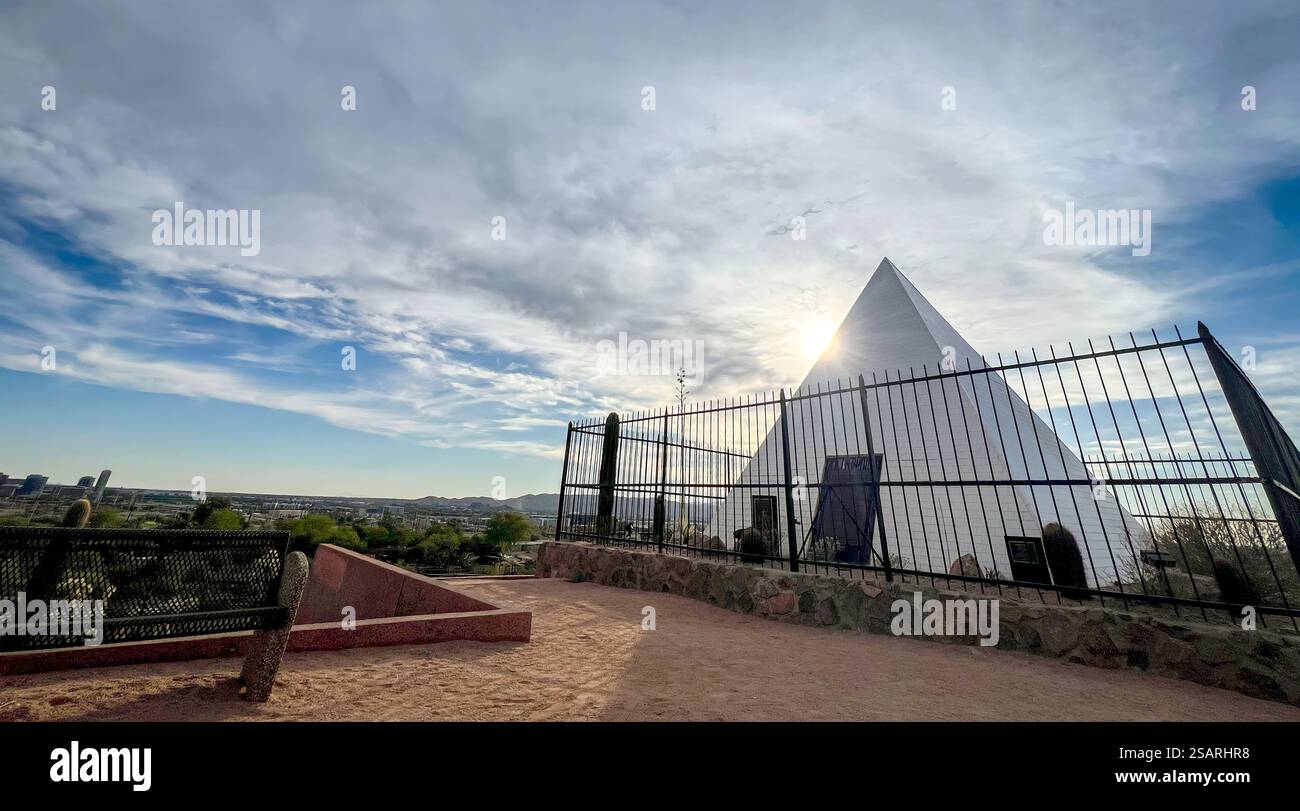 A view of Hunt’s Tomb, a historic white pyramid tomb in Papago Park ...