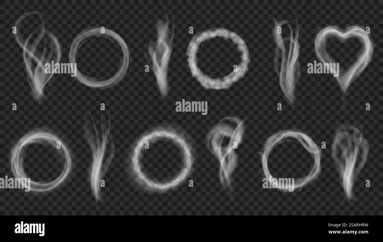 Smoke rings and waves. White cigarette smoke, hookah or vape rings and ...