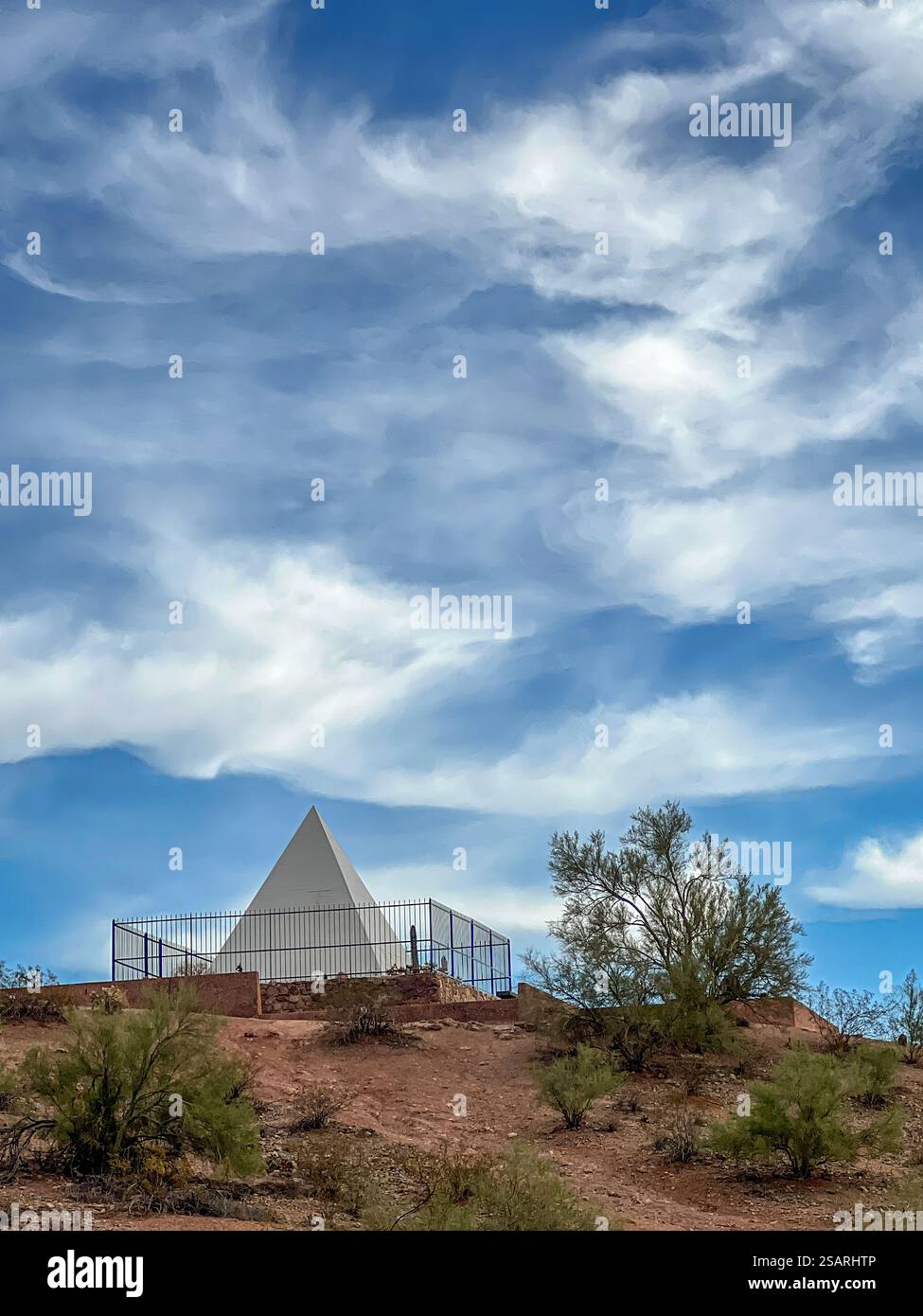 A view of Hunt’s Tomb, a historic white pyramid tomb in Papago Park ...