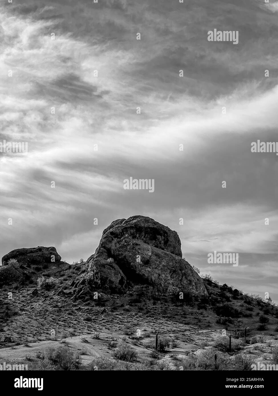 A stunning black and white landscape of the iconic Papago Buttes with ...