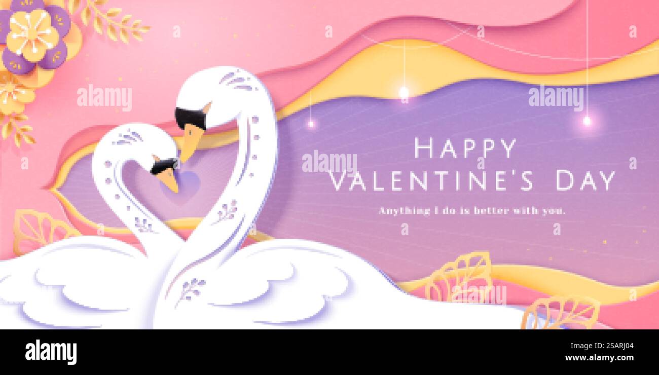 3d happy Valentine’s Day paper art banner template. Two swans forming a ...
