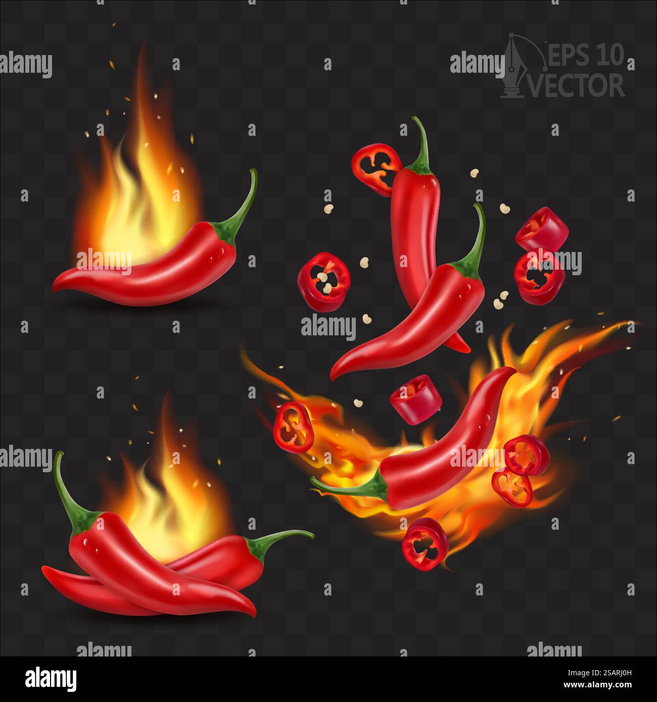 Burning red chili pepper with falling pieces hi-res stock photography ...