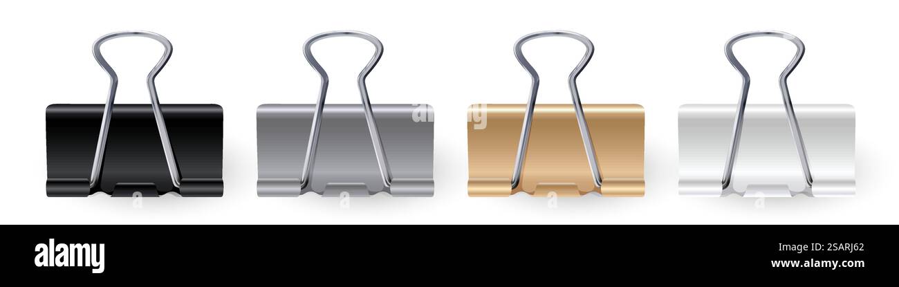 Paper clips set. Black, white, gold, gray, silver realistic binder clip ...